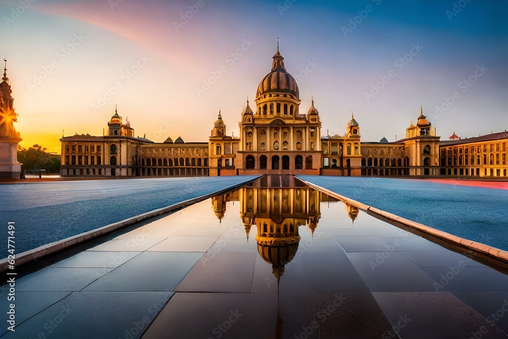 parliament house structured building with a strap of water pool in the ...