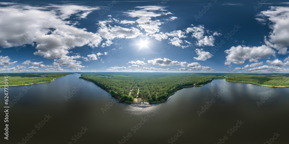 360 hdri panorama aerial view over lake among forest in equirectangular ...