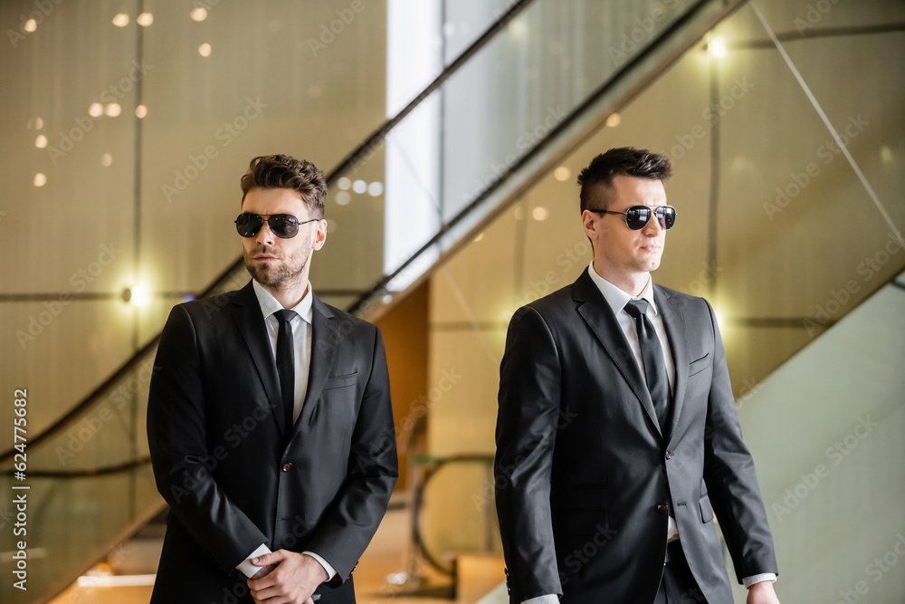 security measures of luxury hotel, two handsome men in formal wear and ...
