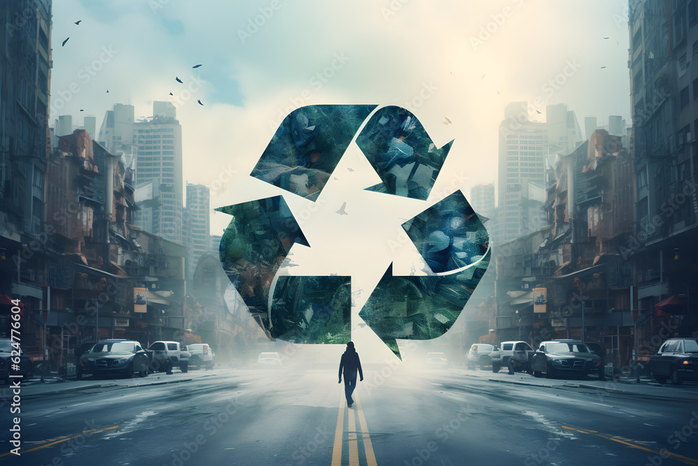 Big city road and tram way, recycle symbol and planet continents on ...