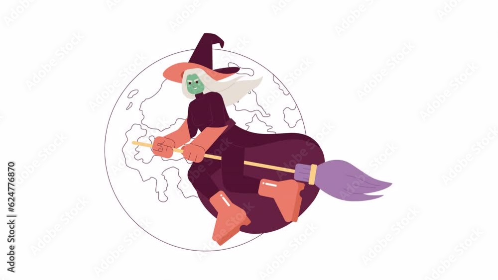 Scary witch halloween 2D animation. Mysterious sorceress with moon ...