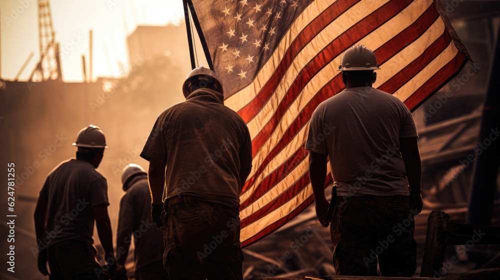 Construction workers raising the American flag on a construction site ...