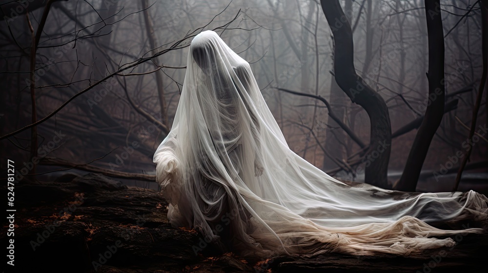 Ghostly figure in a tattered white sheet floating in a misty forest, Halloween apparition. Stock ...