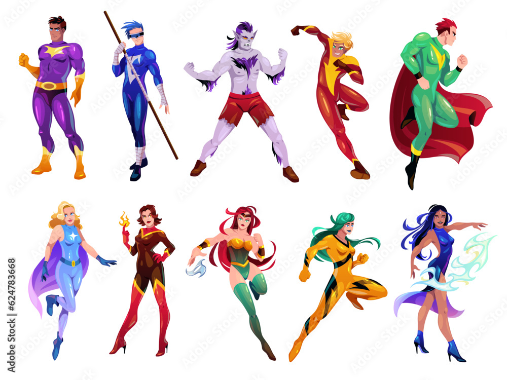 Superheroes characters. Cartoon heroes mascots set, strong men and ...