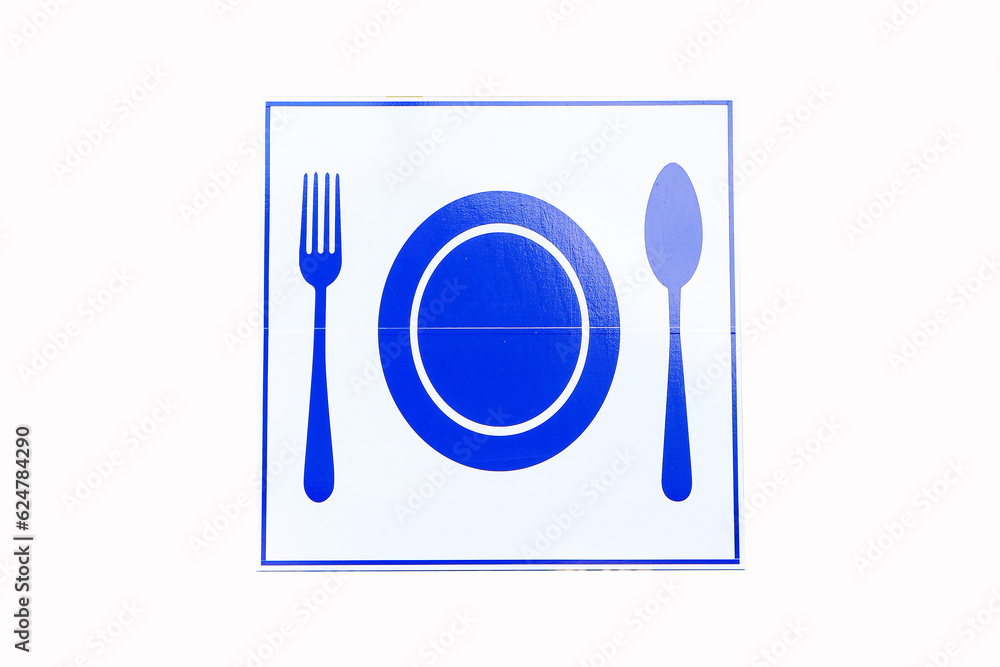 Directional sign fork, spoon, plate blue indicating food outlets area ...