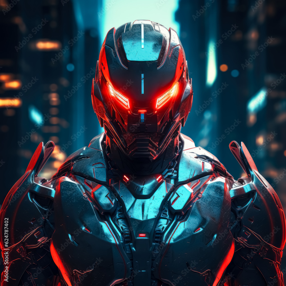 Comic superhero in metal red armor with red lights behind him, in the ...