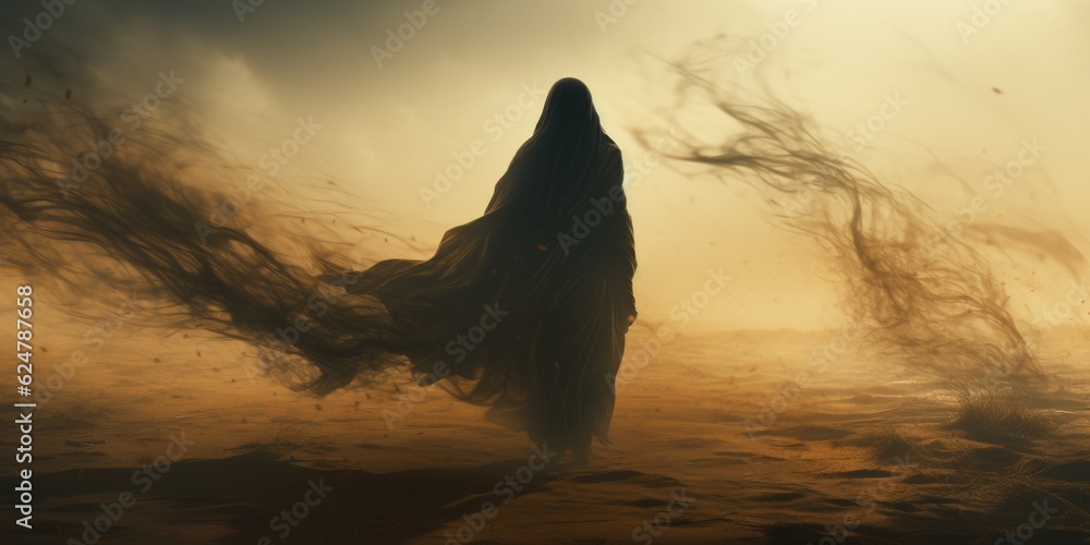 Scary shadowy grim reaper wandering in ethereal sandstorm of dust ...