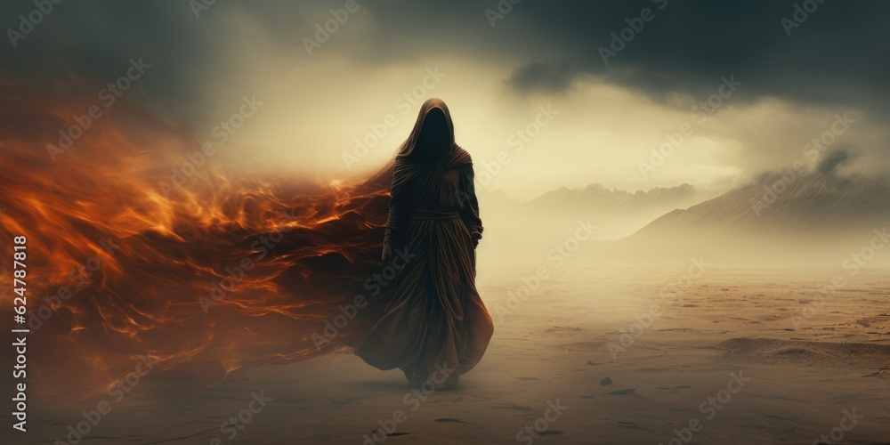 Scary shadowy grim reaper wandering in ethereal sandstorm of dust ...