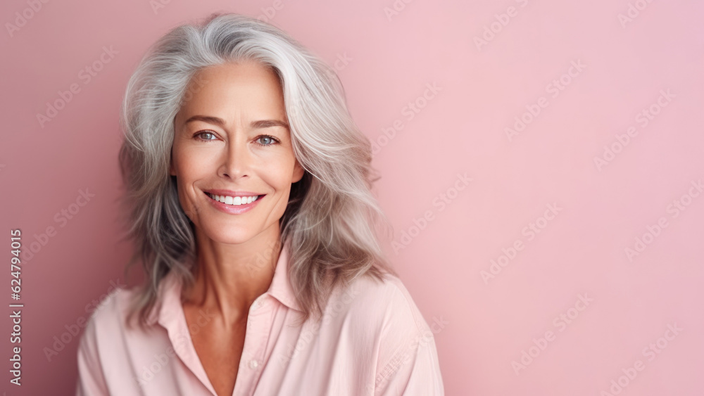 Smiling attractive woman 50s years old look to the camera, isolated on ...