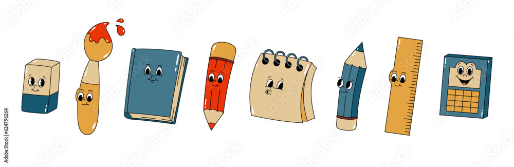 Vector set of cartoon retro mascots colored illustrations of stationery ...