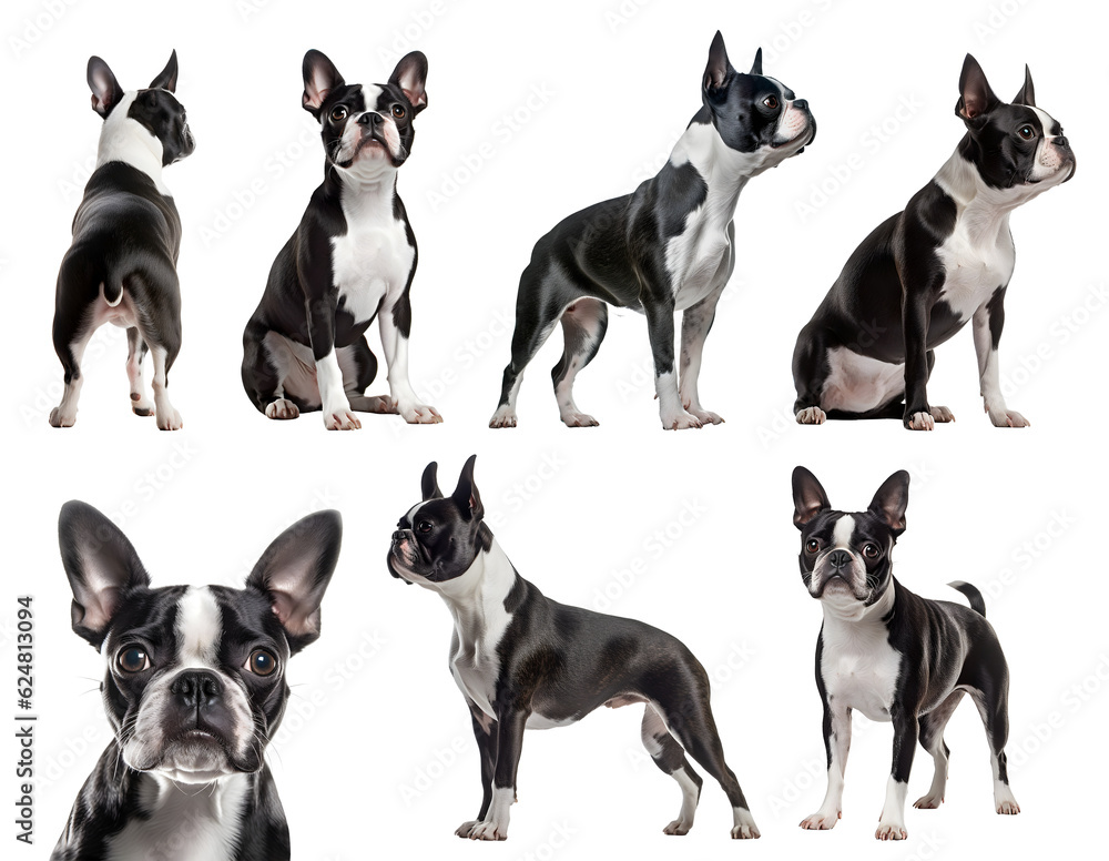 Boston terrier dog puppy, many angles and view portrait side back head ...