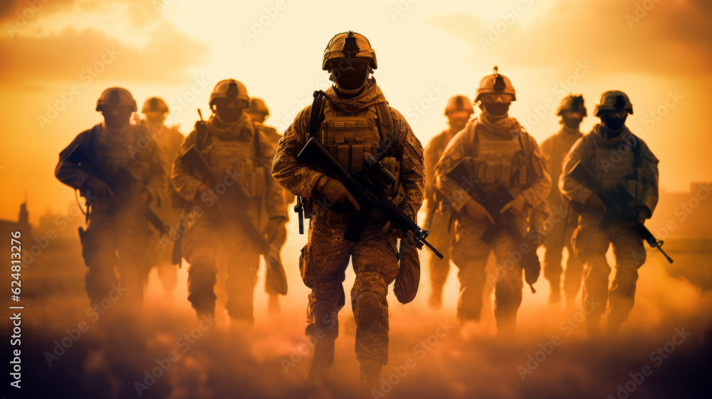 Several modern soldiers fully equipped facing the camera in a dusty and ...