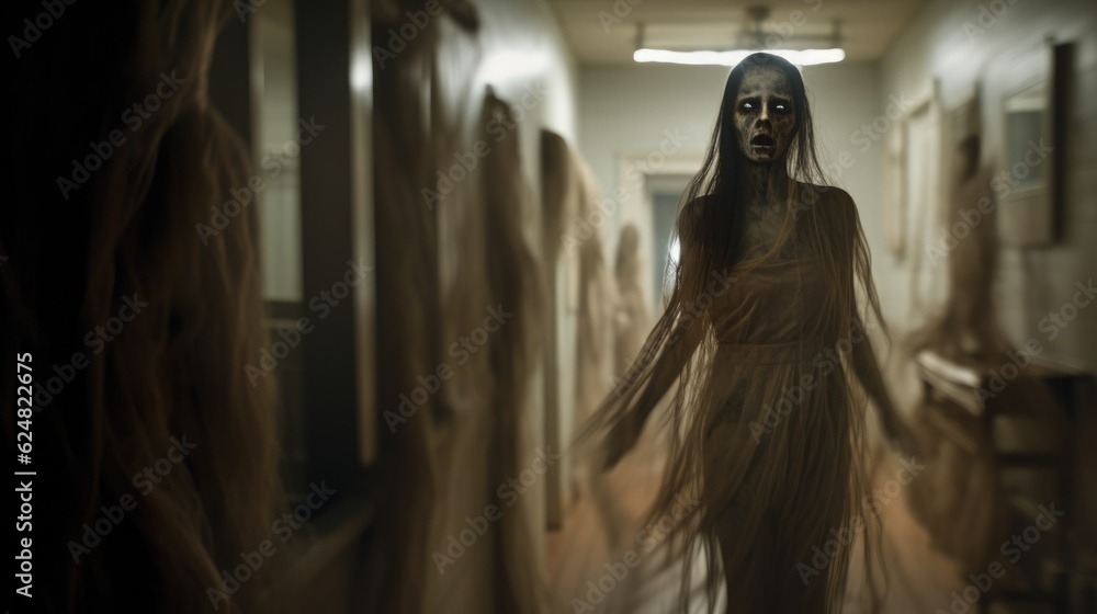 Paranormal female entity with ghastly face haunting the halls of an old ...