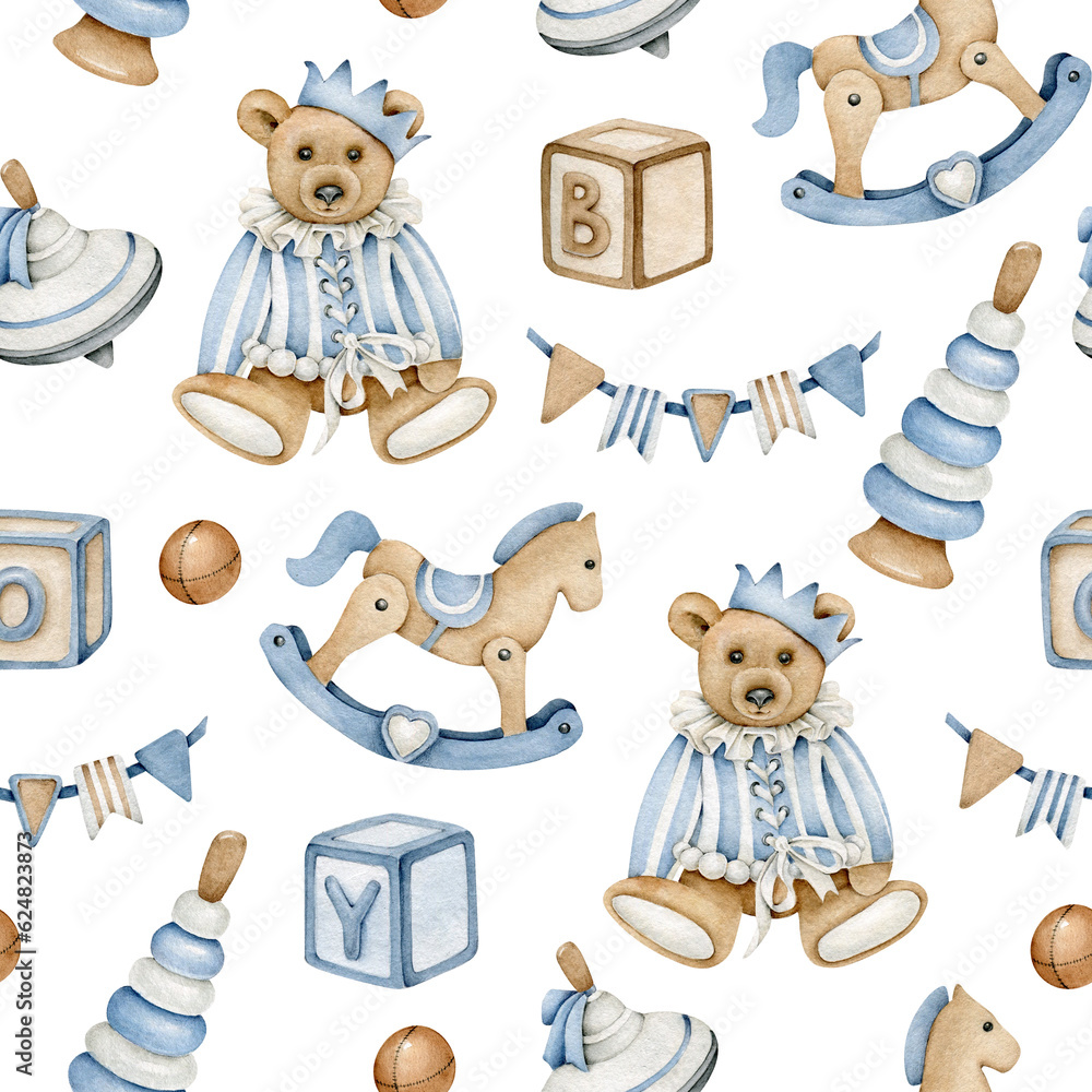 kids toys pattern.Bear,pyramid,horse,ball,cubes,flags,whirligig.Baby ...