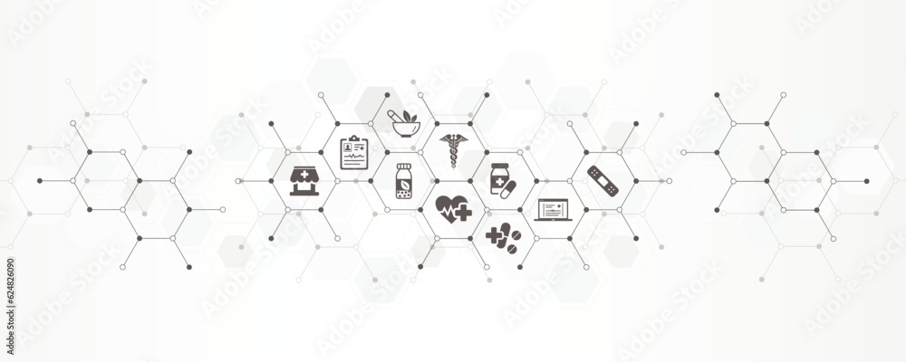 drugstore and pharmacy banner with the website icons and symbol of ...