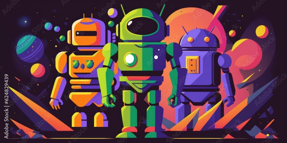 Funny futuristic robot digital artwork. Retro 90s style toy android ...