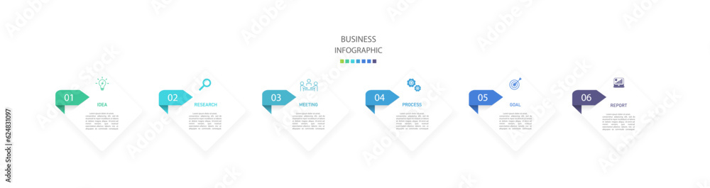 Business infographics line process with template with icons and 6 ...