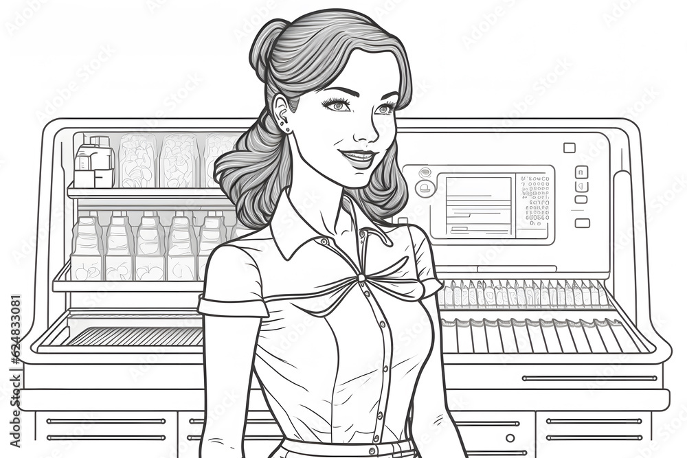 The girl is a salesman. Black and white coloring page created with ...