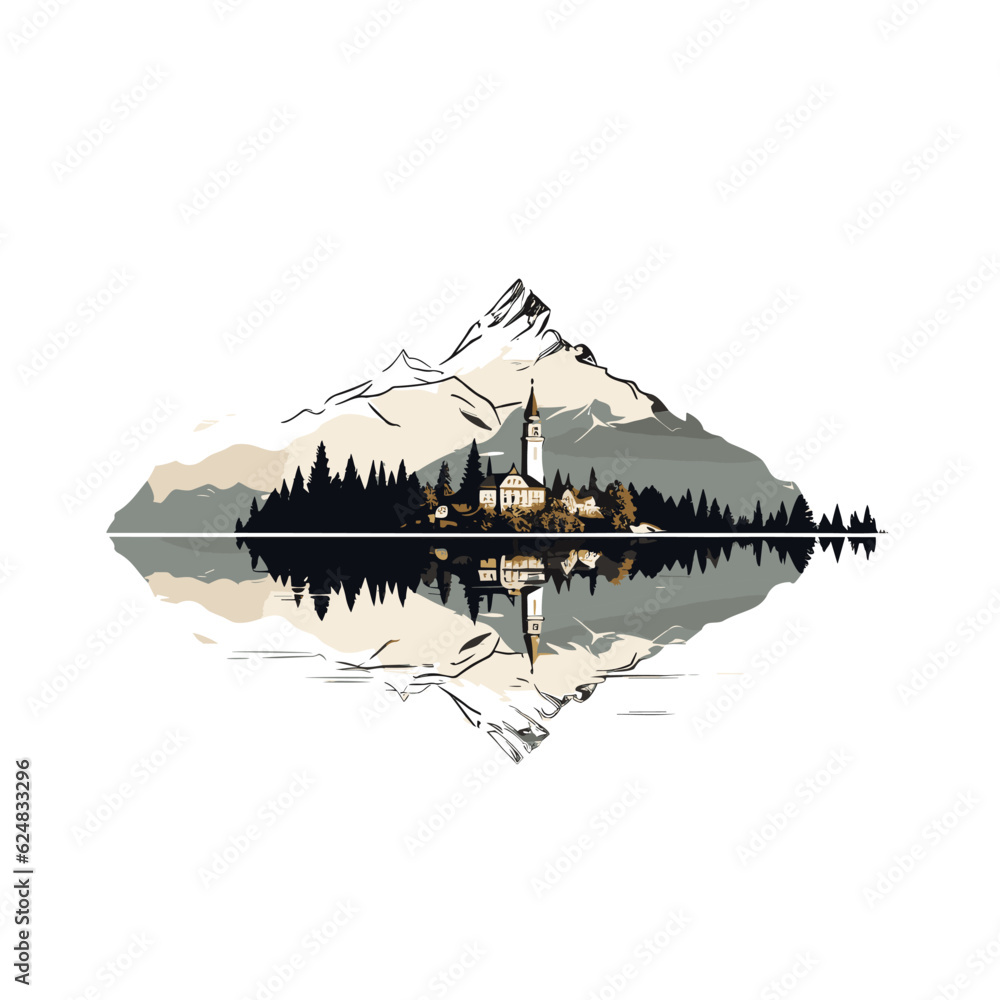 Lake Bled hand-drawn comic illustration. Lake Bled. Vector doodle style ...