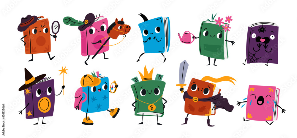 Books cartoon characters. Happy library volumes. Smiling funny ...