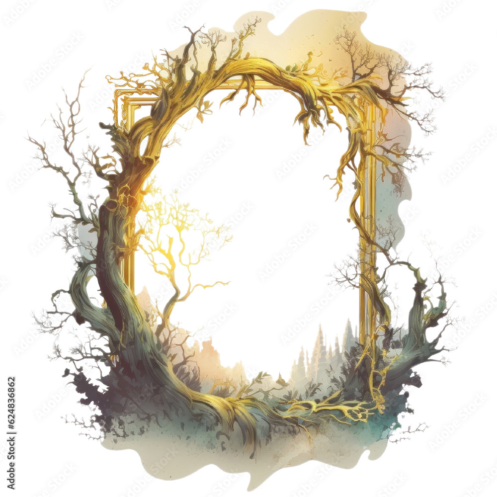 Magic forest gold frame with trees and brunches, wooden frame ...