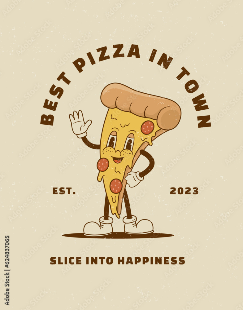 Cartoon pizza slice character in retro groove style. Pizzeria poster ...