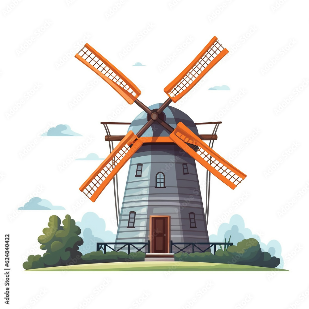 2D illustration of a windmill isolated on a white background. The ...