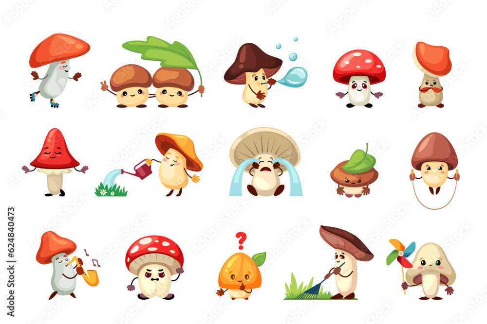 cute mushrooms funny character set. toadstools, honey mushrooms, baby ...