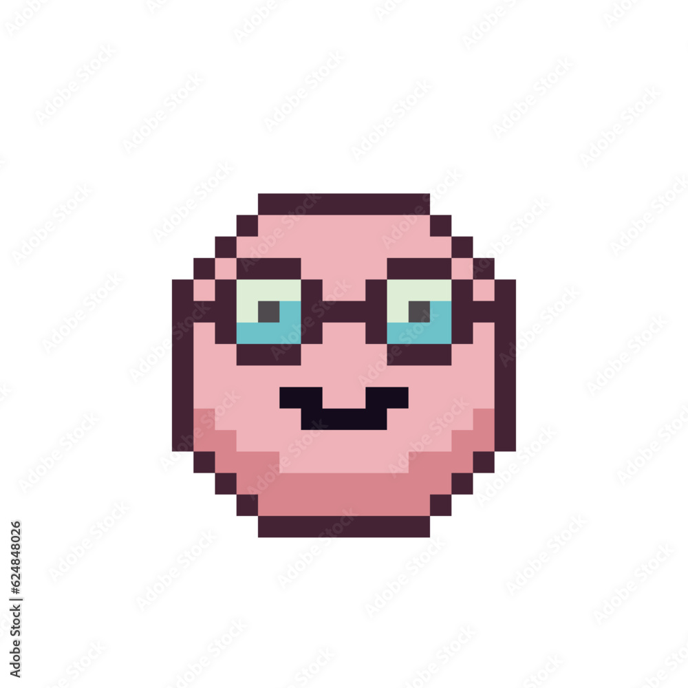 Smile in eyeglasses icon, cute face, cartoon character. Pixel art style ...