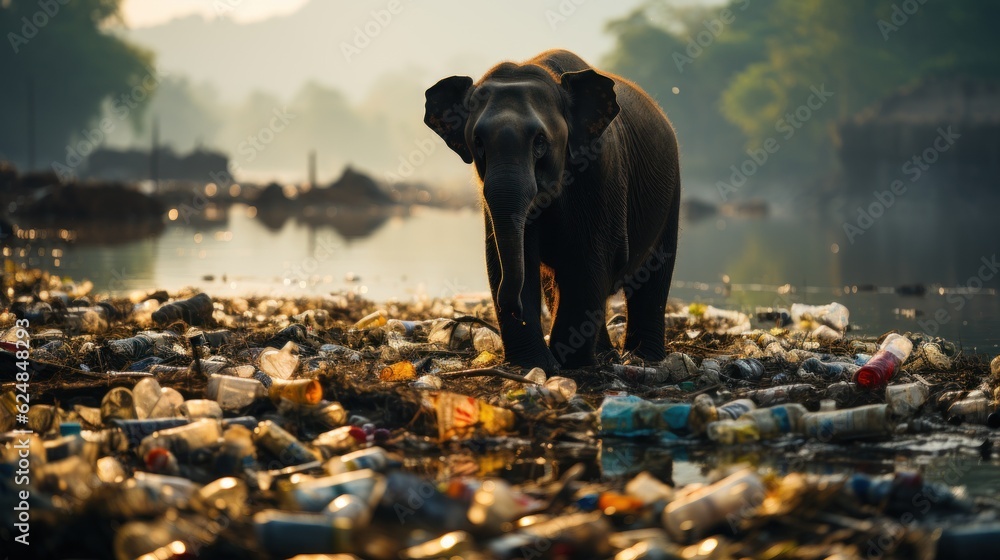 elephant near river, plastic waste pollution. Ecological catastrophe ...