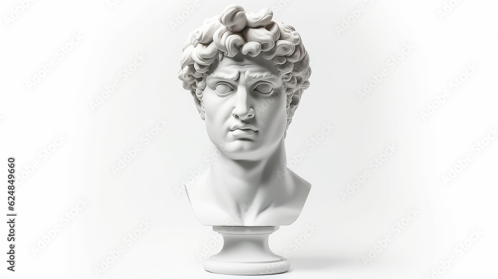 Gypsum statue of David's head. Michelangelo's David statue plaster copy isolated on white ...