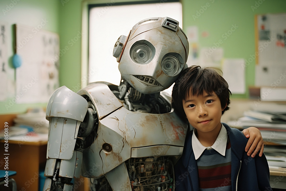 in a classroom, a little boy poses with a cute little robot. Generative ...