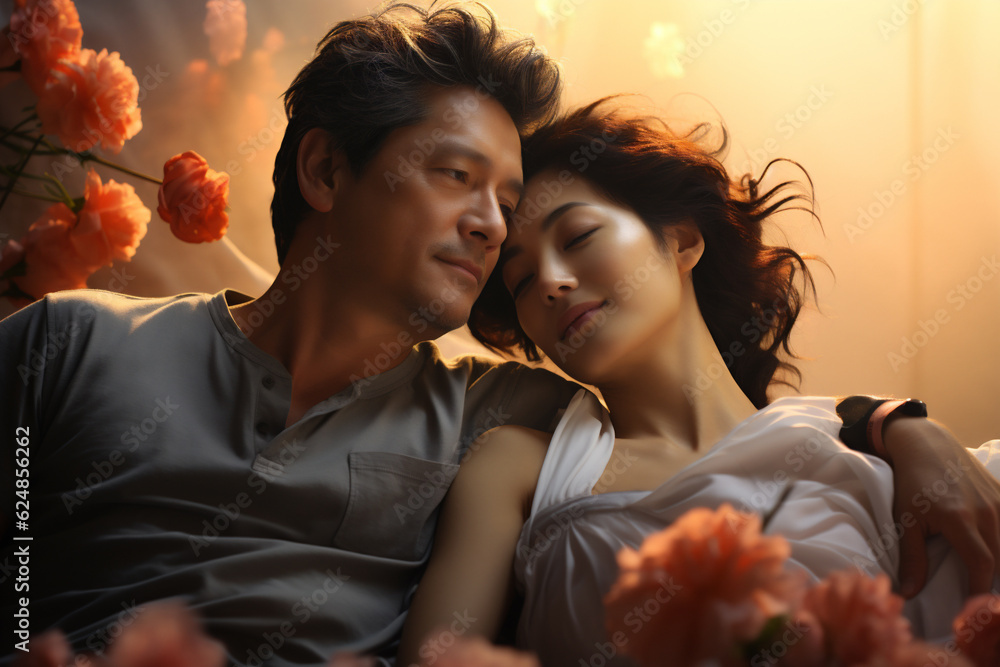 Young couple stand together in each other's arms, in the style of ...