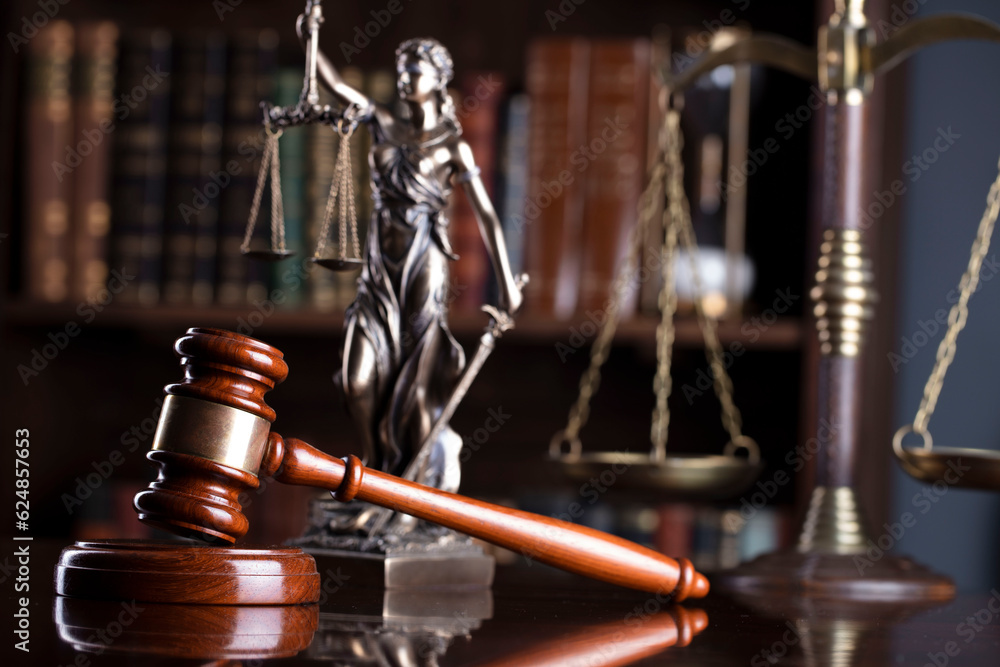 Lawyer office. Law symbols composition: judge’s gavel, scale and Themis ...