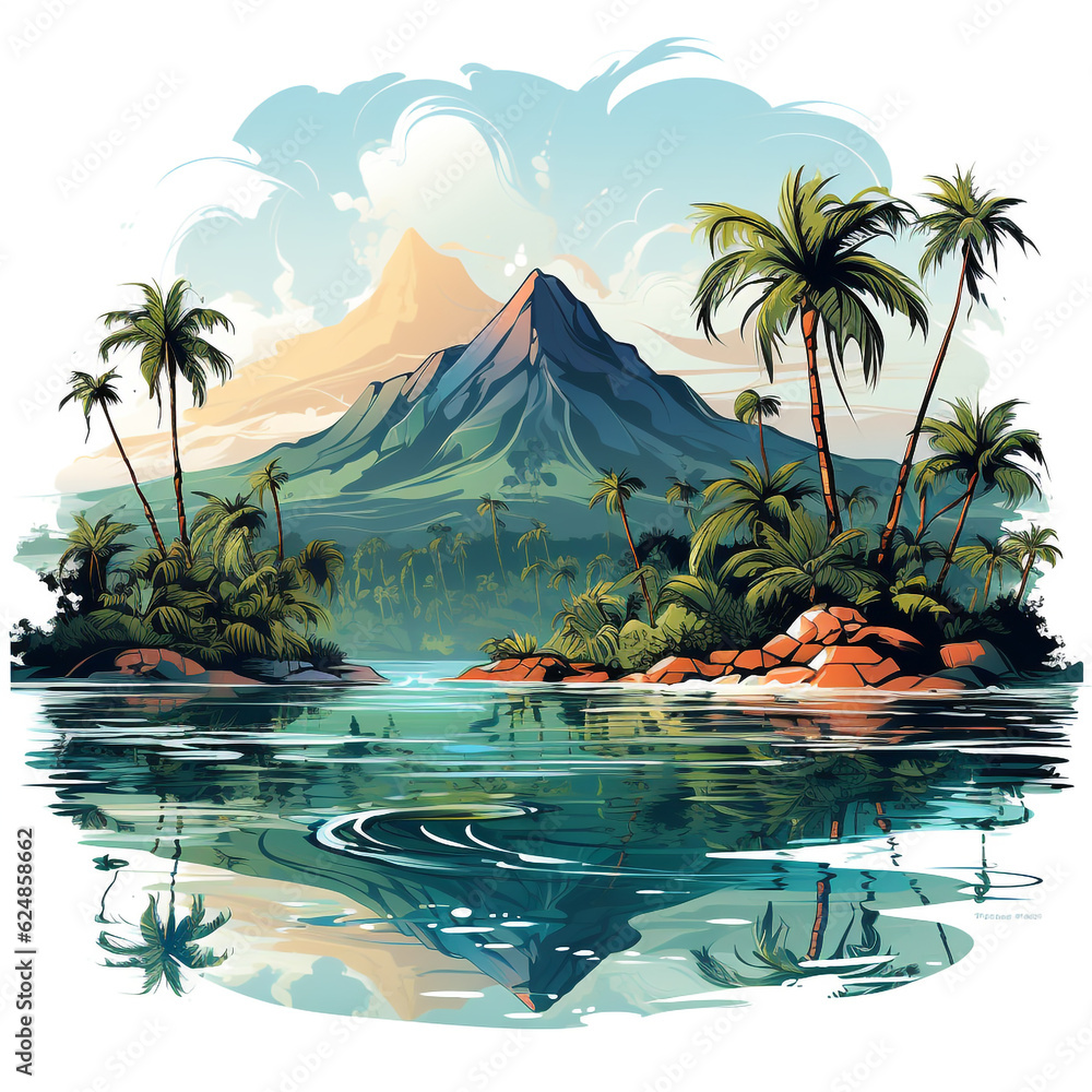 Flat 2D illustration of a small tropical island in the middle of the ...