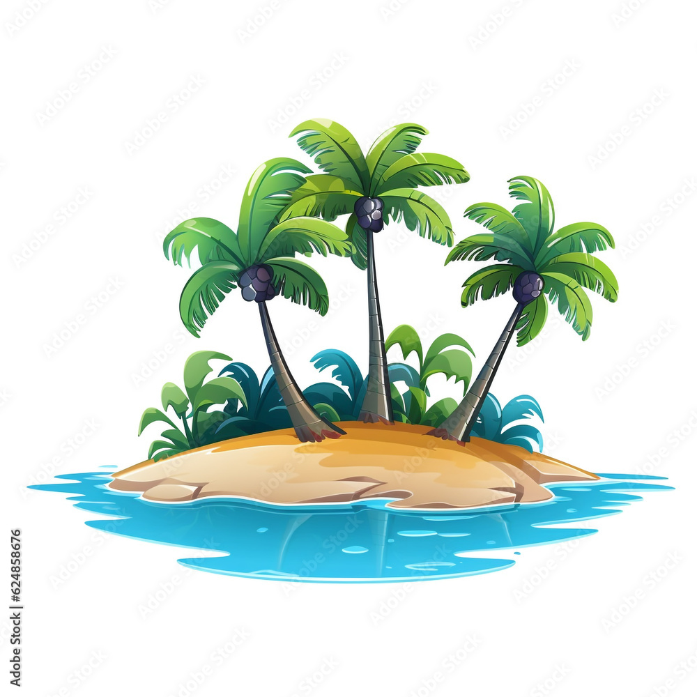 Flat 2D illustration of a small tropical island in the middle of the ...