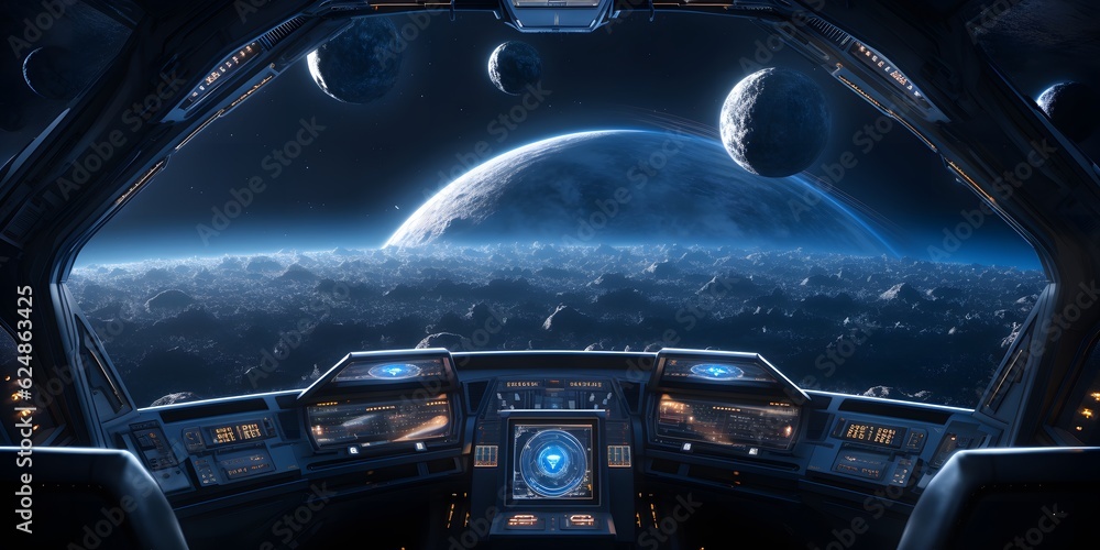 Cockpit of spaceship with moon and planets. Outerspace astronaut ...