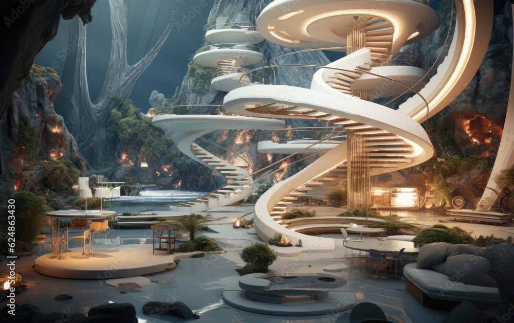 Amazing interior view of a futuristic spiral staircase tower that takes ...