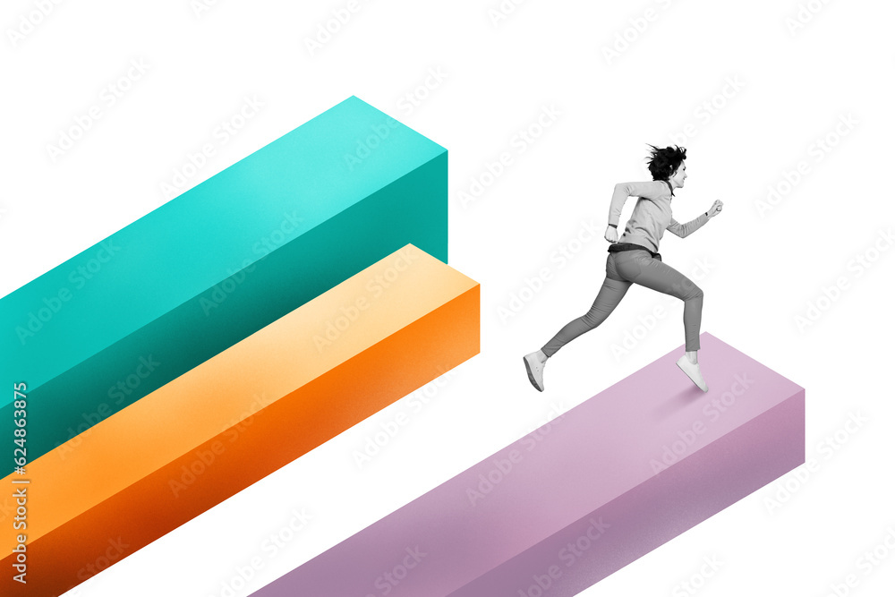 Collage art design photo of young girl workaholic running fast speed ...