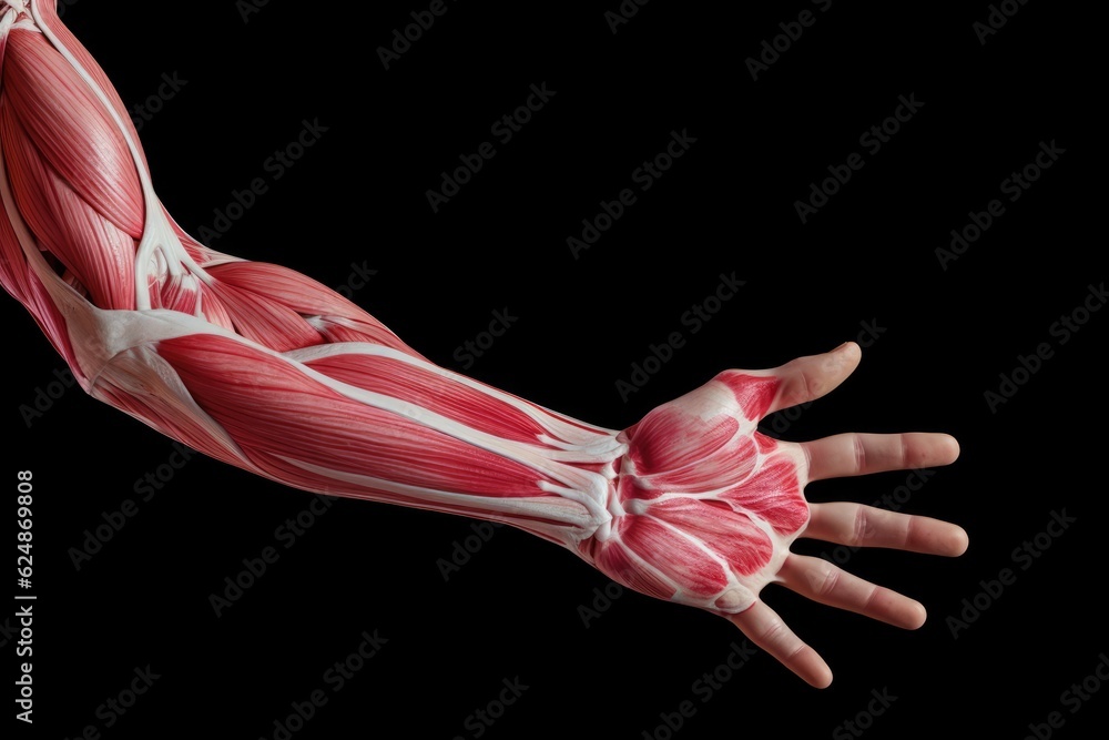 A Human Hand With Muscles Highlighted On A Black Background. Anatomy Of ...