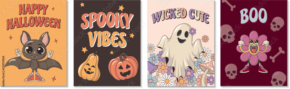 Vintage groovy halloween posters with pumpkins, bat, ghost, mushrooms ...