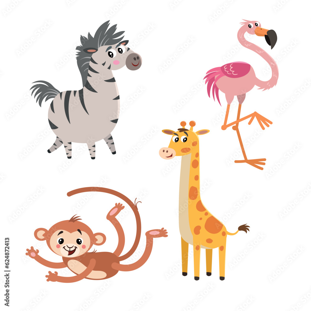 Cartoon set of African wild animals. Giraffe, monkey, flamingo and ...