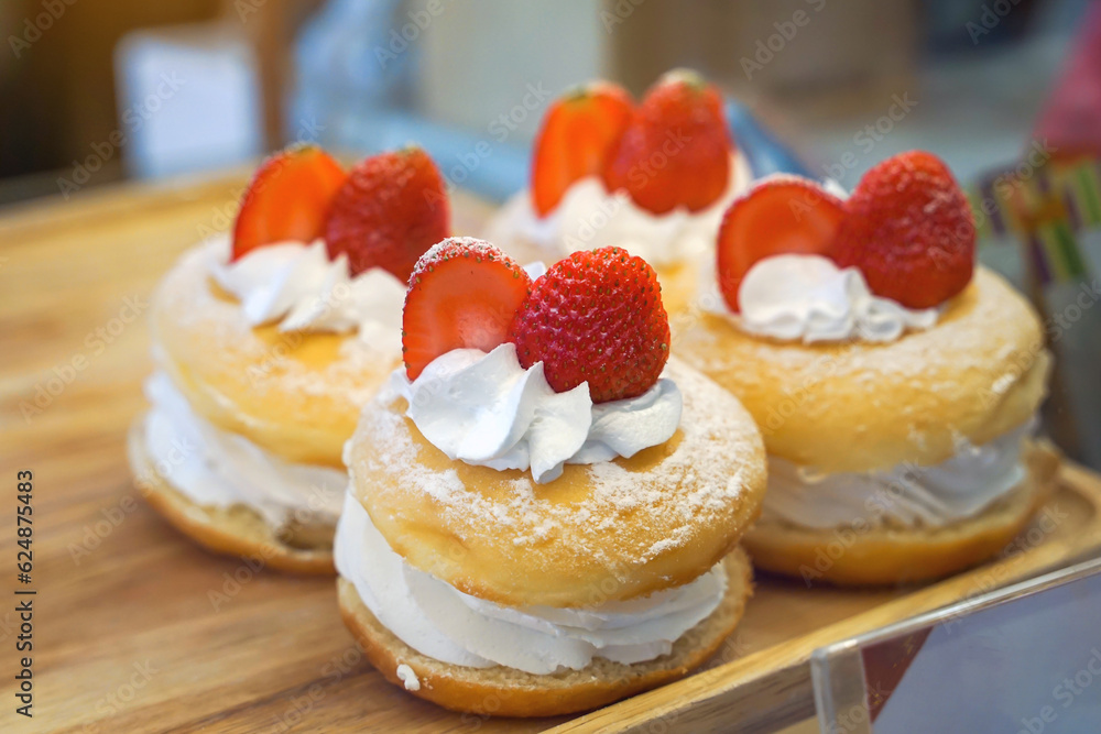 Strawberry cream donuts are sweet and crunchy, soft texture filled with ...