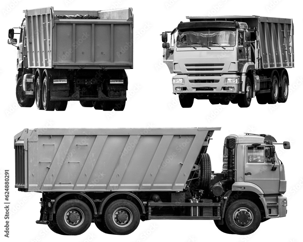 Set of monochrome gray dump trucks. Special transport isolated on ...