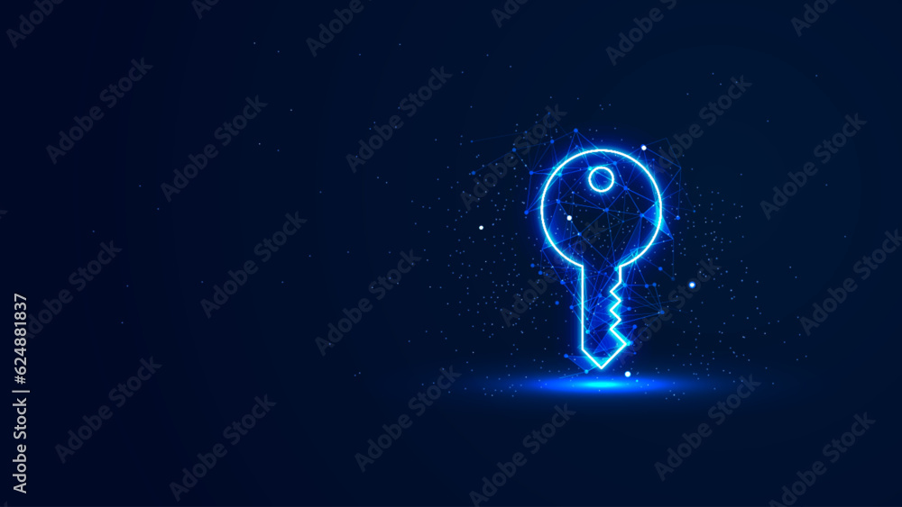 A futuristic glowing key symbol with plexus lines and glitter particles ...