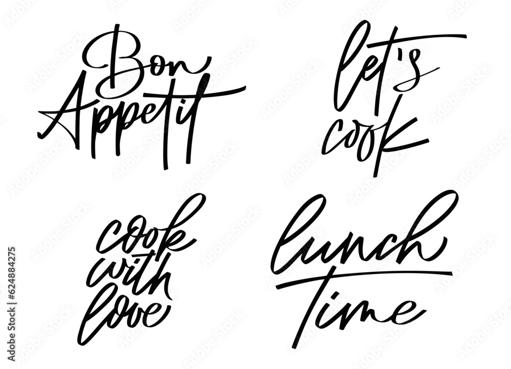 Set of script food text quote. Bon appetit lettering in hand drawn ...