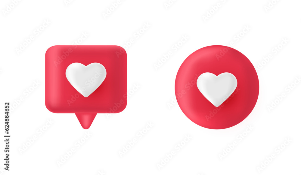 3d render red like icon set. Pink comment button. Social media bubble ...