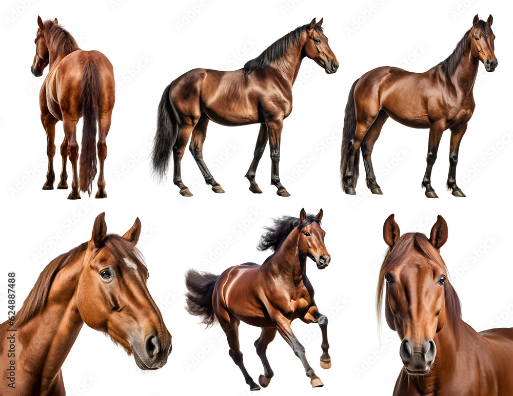 Brown horse, many angles and view portrait side back head shot isolated ...