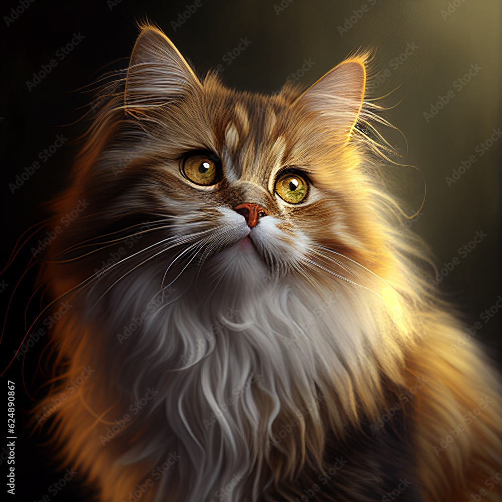 Cute fluffy cat looks up with a mysterious smile and a request. AI ...