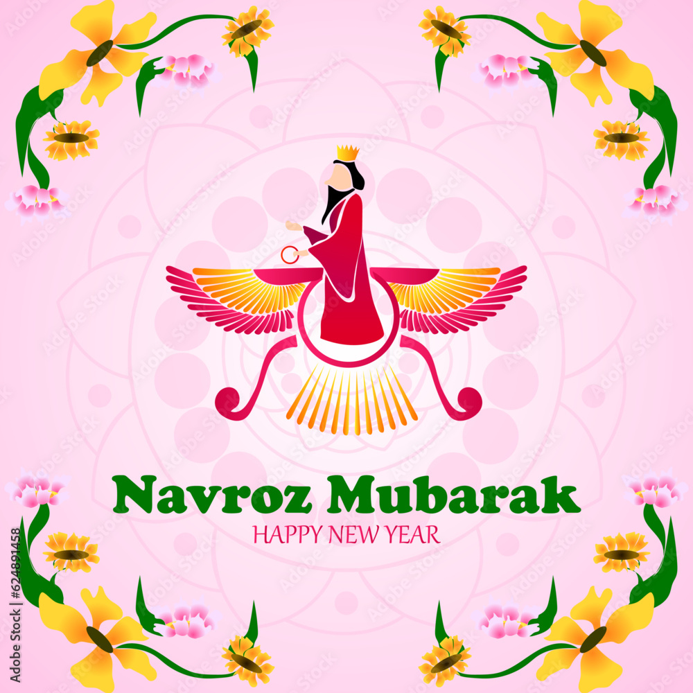 Navroz mubarak. Parsi New Year vector greeting with zoroastrian symbol ...